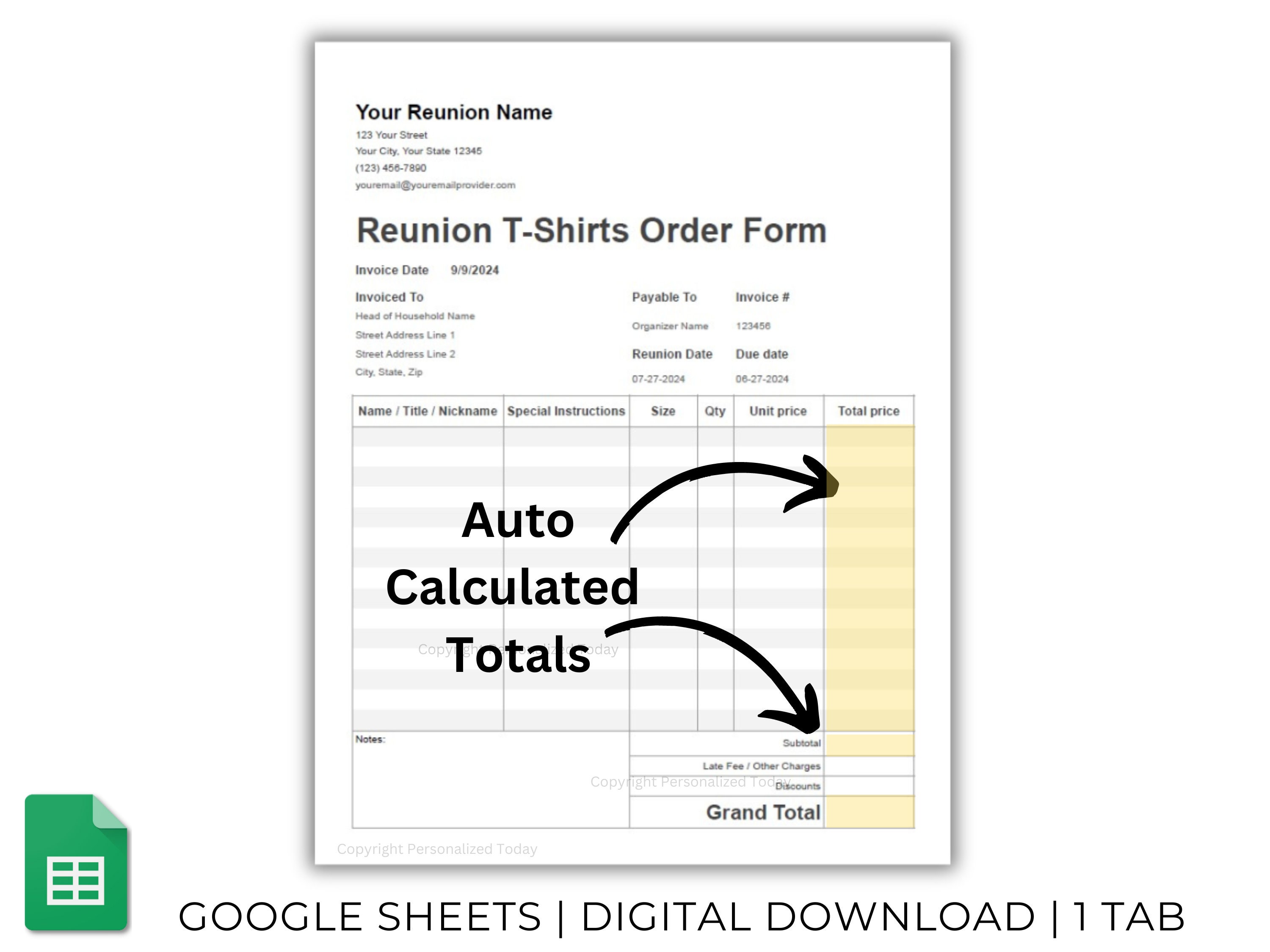 Family Reunion T-shirts Order Form Shirts Total Calculation Spreadsheet ...