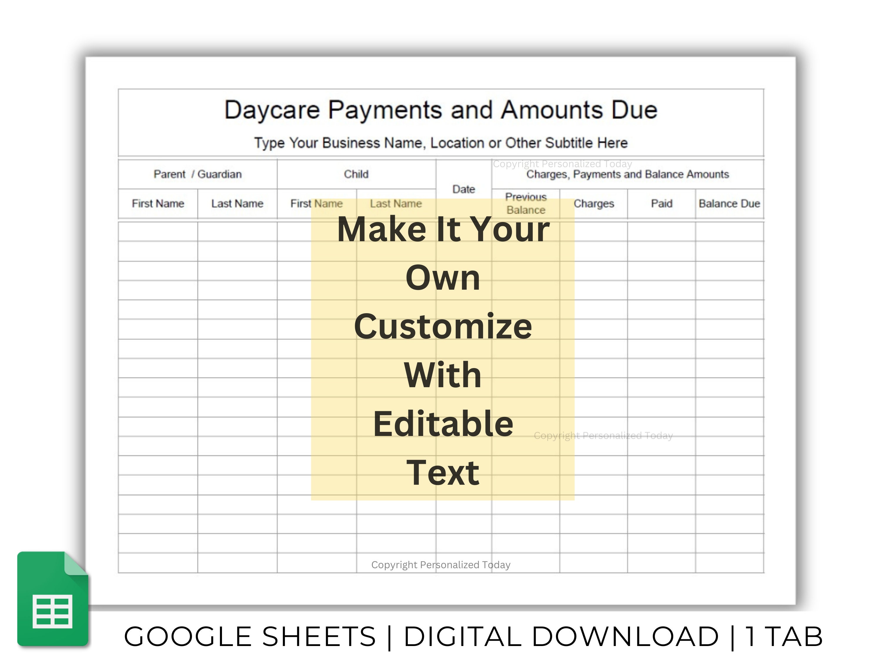 Daycare Business Parent Payments Tracker and Childcare Bill Amounts Due ...