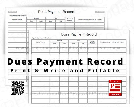 Dues Payment Record Fillable and Print and Write PDF Files US | Etsy