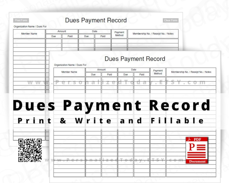 Dues Payment Record Fillable and Print and Write PDF Files US - Etsy