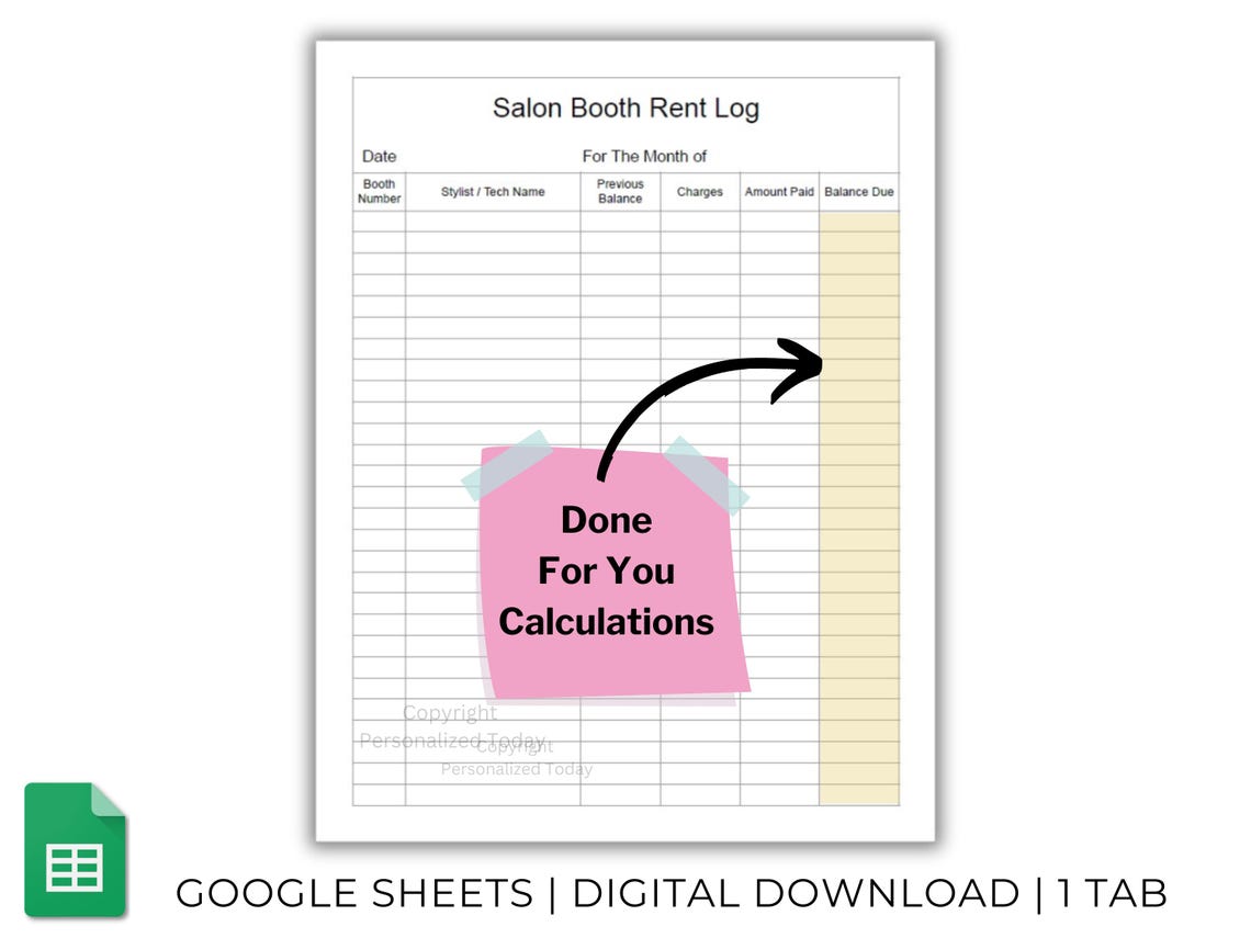 Google Sheets Beauty Salon Booth Rent Log - Hair Stylist Bookkeeping ...