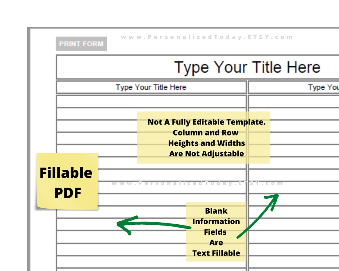 PDF Blank 2 Columns List Text Input Fillable and Print and Write ...