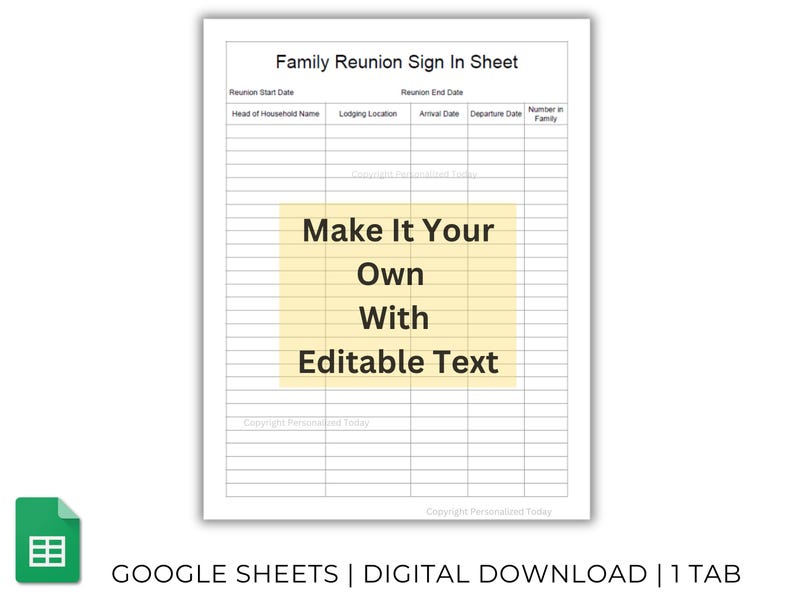 Family Reunion Sign in Sheet Event Check in and Out Form Customizable ...
