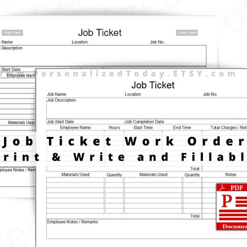 Job Ticket Work Order Form Fillable PDF US Letter Size Digital - Etsy