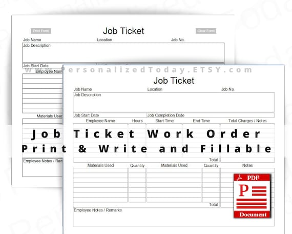 Job Ticket Work Order Form Fillable PDF US Letter Size Digital - Etsy