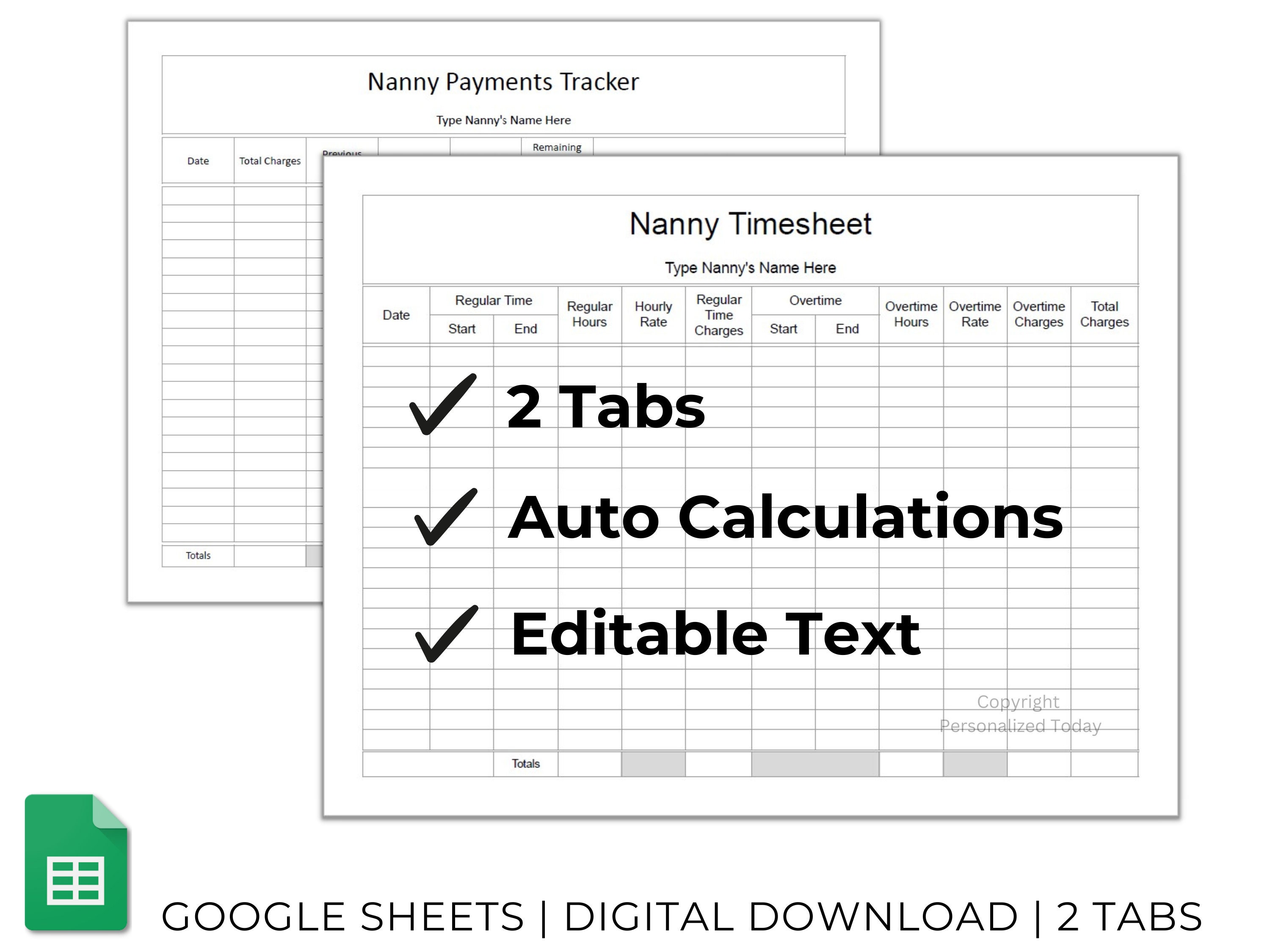 Nanny Timesheet and Childcare Hours Payments Tracker Text Editable ...