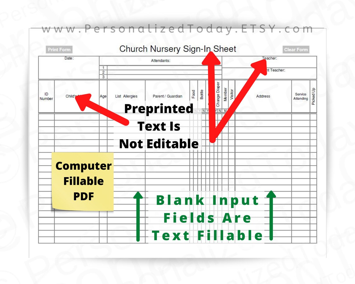 Church Nursery Sign In Sheet Fillable and Print and Write PDF | Etsy