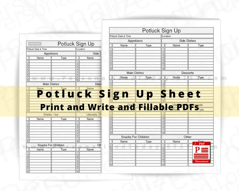 Potluck Dinner Menu Sign Up Form Print and Write and Fillable | Etsy