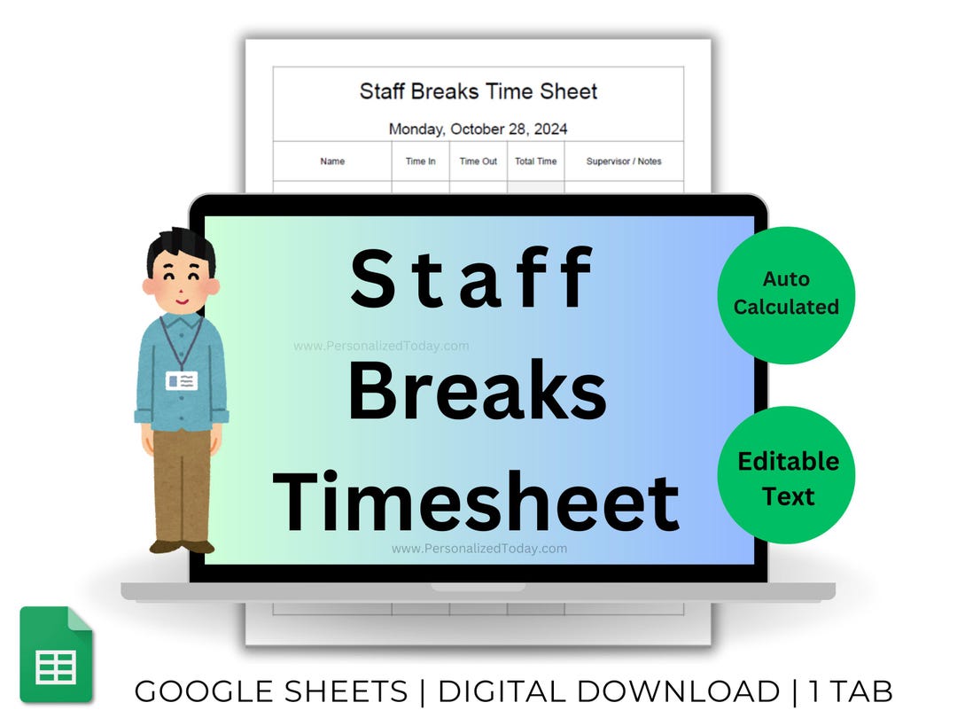 Google Sheets Employee Breaks Schedule - Staff Break Times Tracker - 15 ...