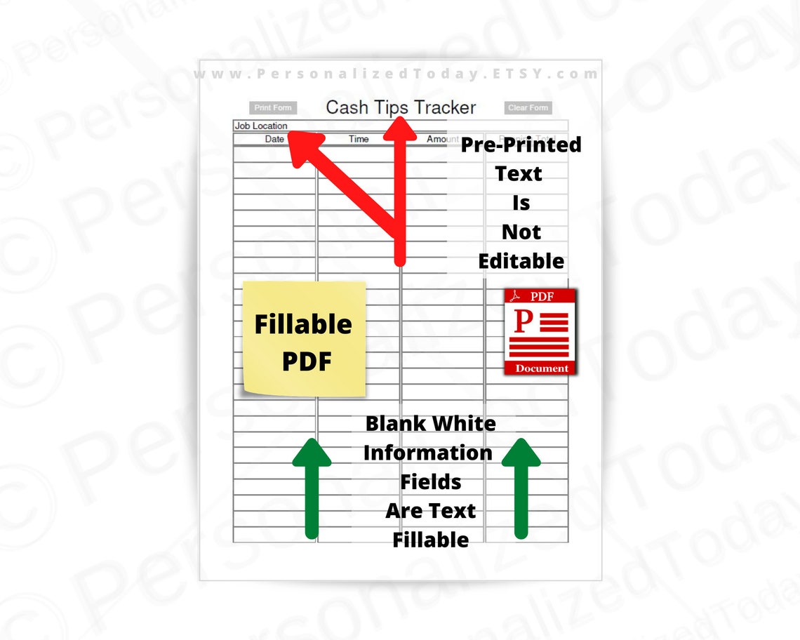 Cash Tips Tracker Fillable and Print and Write PDF Digital | Etsy