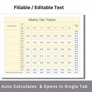 Employee Tips Template Weekly Wait Staff Tips Income Tracker Multiple ...