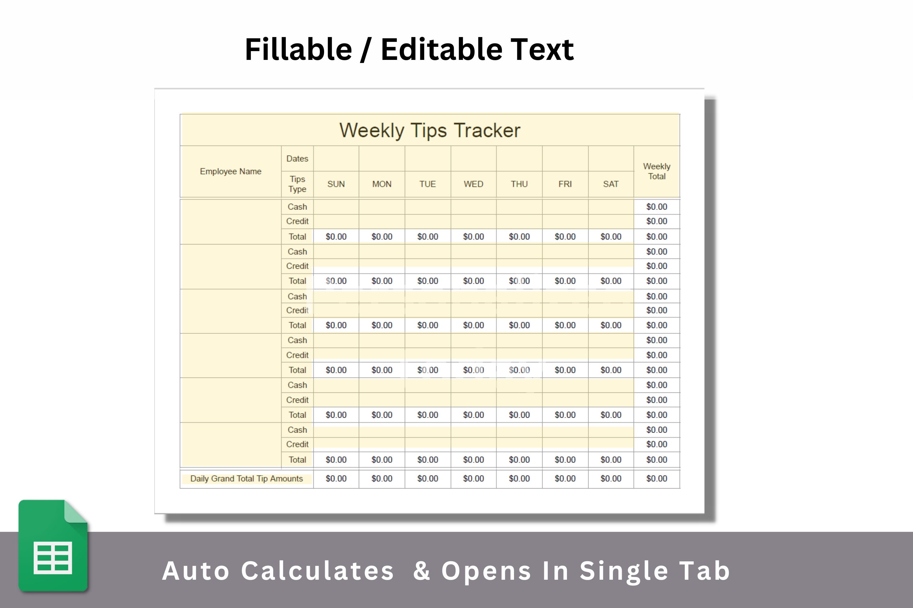Employee Tips Template Weekly Wait Staff Tips Income Tracker Multiple ...