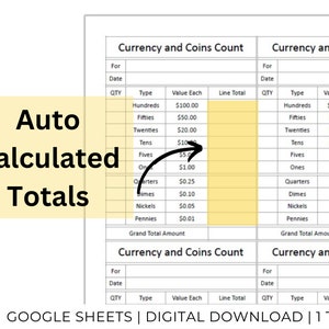 Currency and Coins Cash Count Sheet Text Editable Google Sheets ...