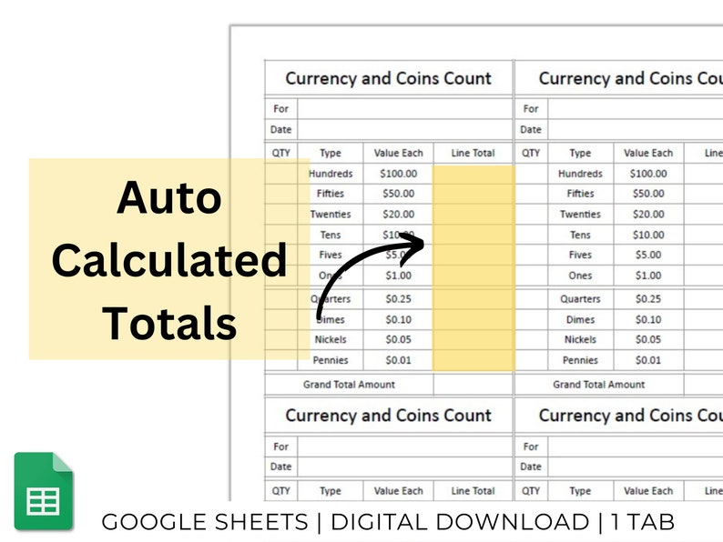 Currency and Coins Cash Count Sheet Text Editable Google Sheets ...
