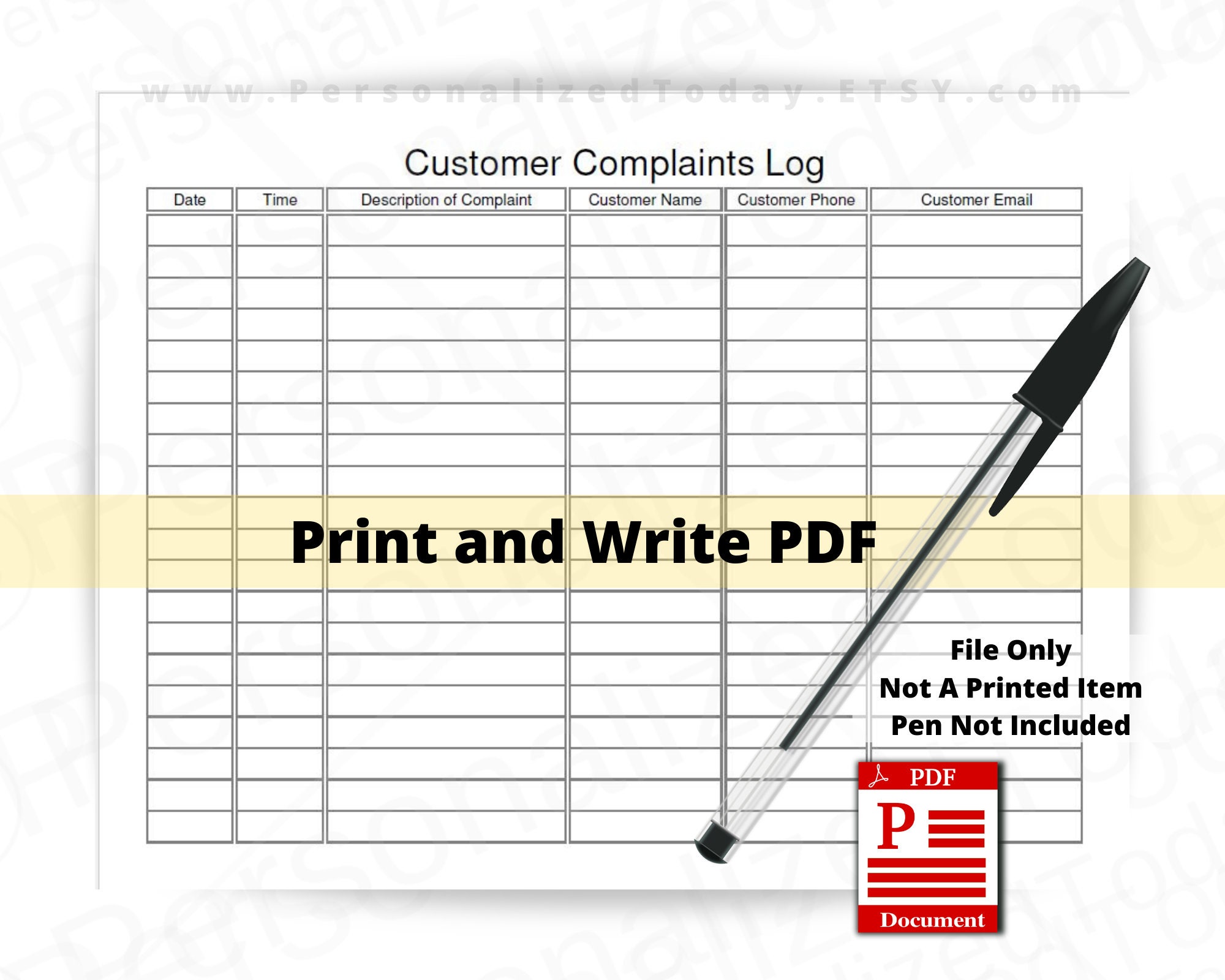 Customer Complaints Log Fillable and Print and Write PDF Files | Etsy