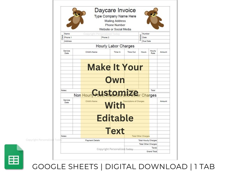 Customizable Childcare Invoice Template Daycare Receipt Google Sheets ...