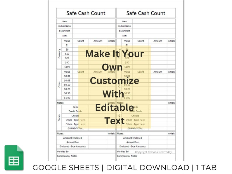 End of Shift Cash Register Safe Deposit Count - Text Editable Google ...