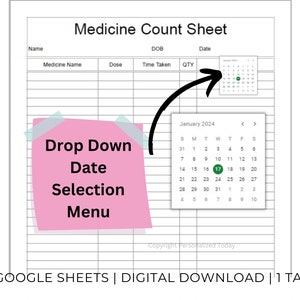 Medicine Count Sheet Daily Medication Times and Doses Tracker for One ...