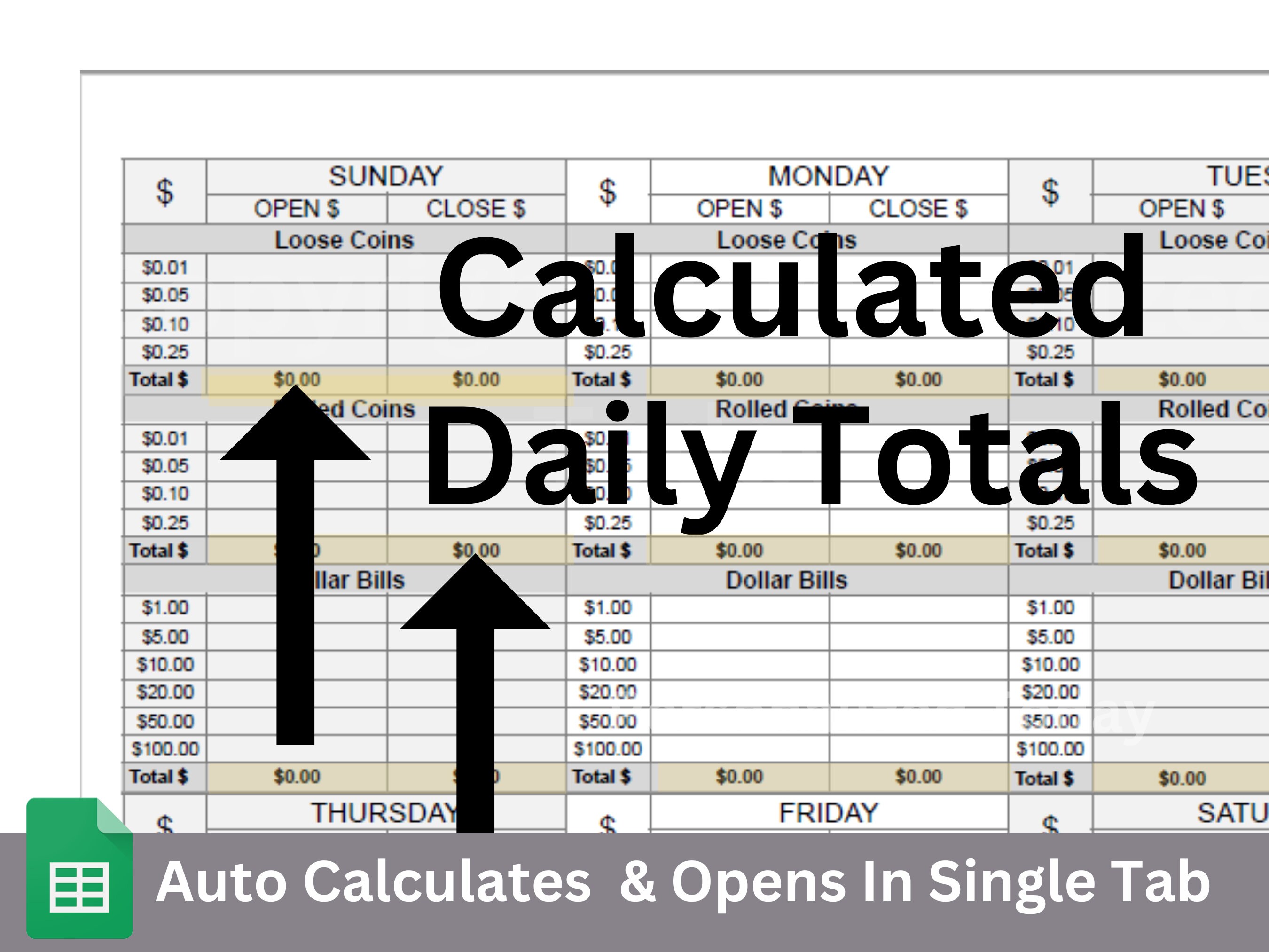Weekly Cash Register Count Google Sheets Editable Spreadsheet Template ...