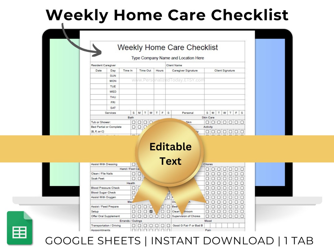 Daily Weekly Home Care Checklist and Timesheet Caregiving Sunday Start ...
