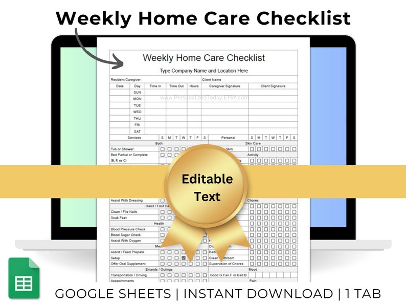 Daily Weekly Home Care Checklist and Timesheet Caregiving Sunday Start ...