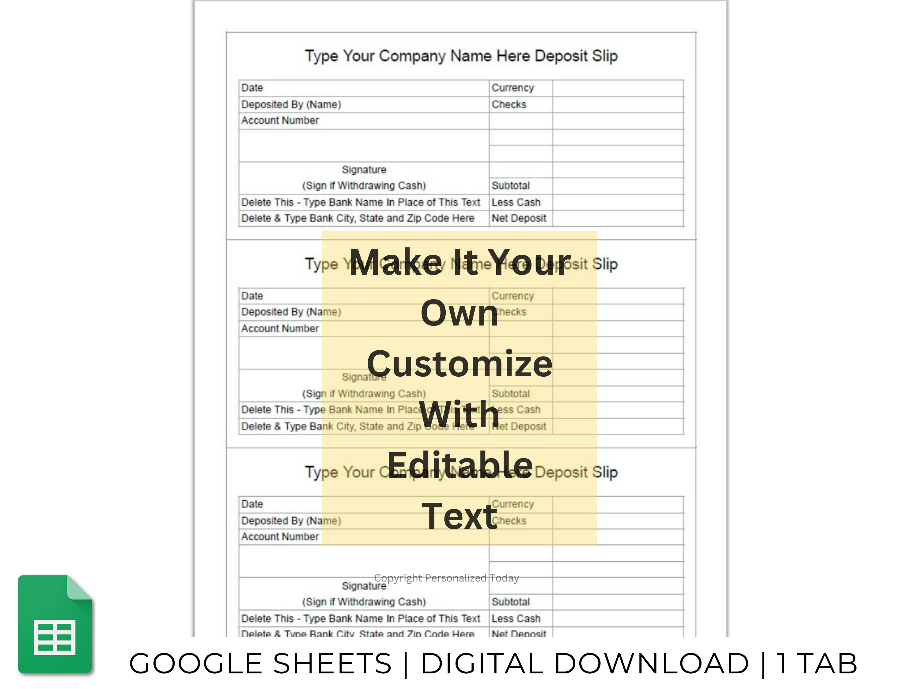 Bank Deposit Tickets Template - Text Editable Template for Google ...