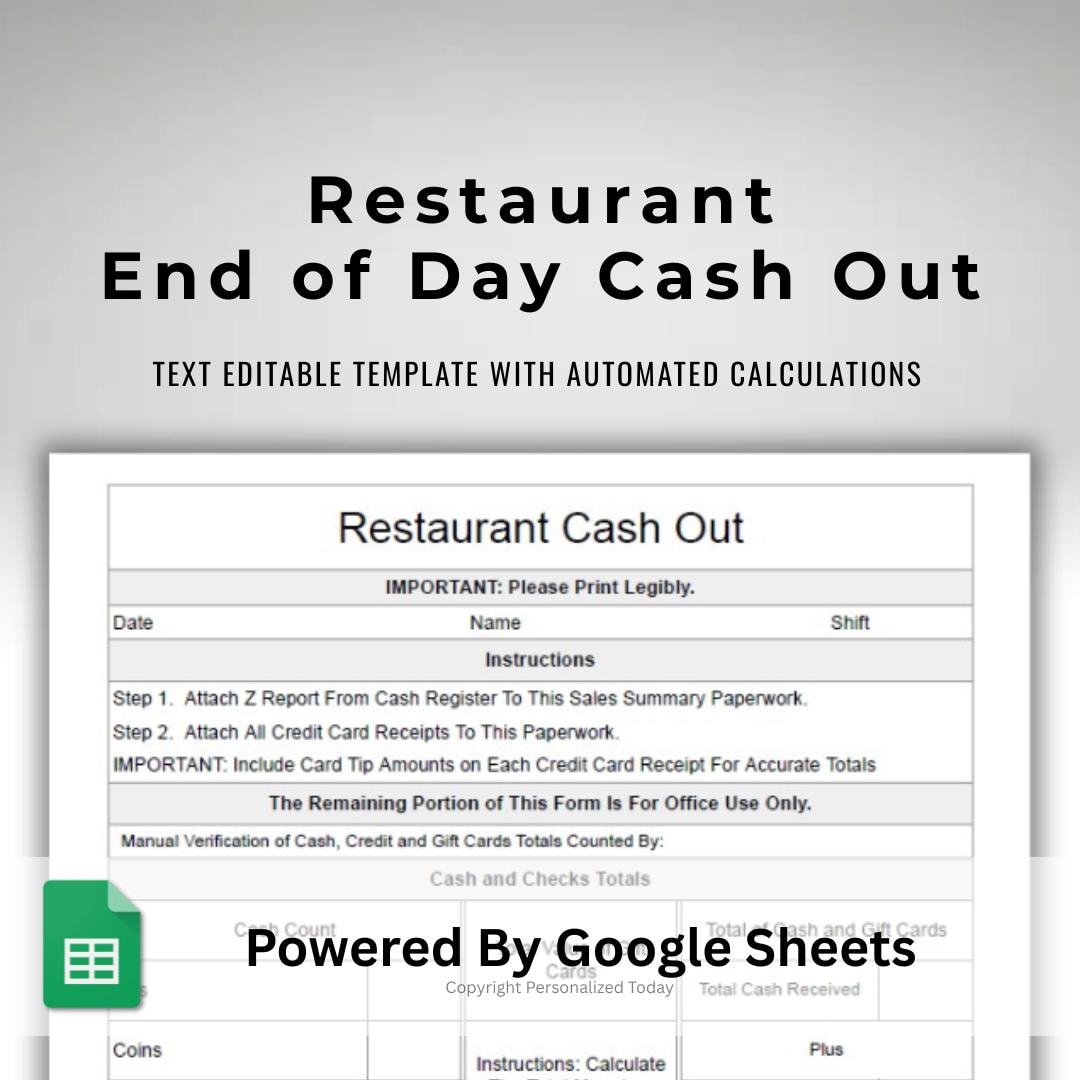 Restaurant End of Day Cash Out Template - Restaurant Register Cash Out ...