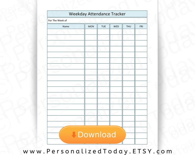 Blank Attendance Sheet Weekly Weekdays Monday to Friday US | Etsy