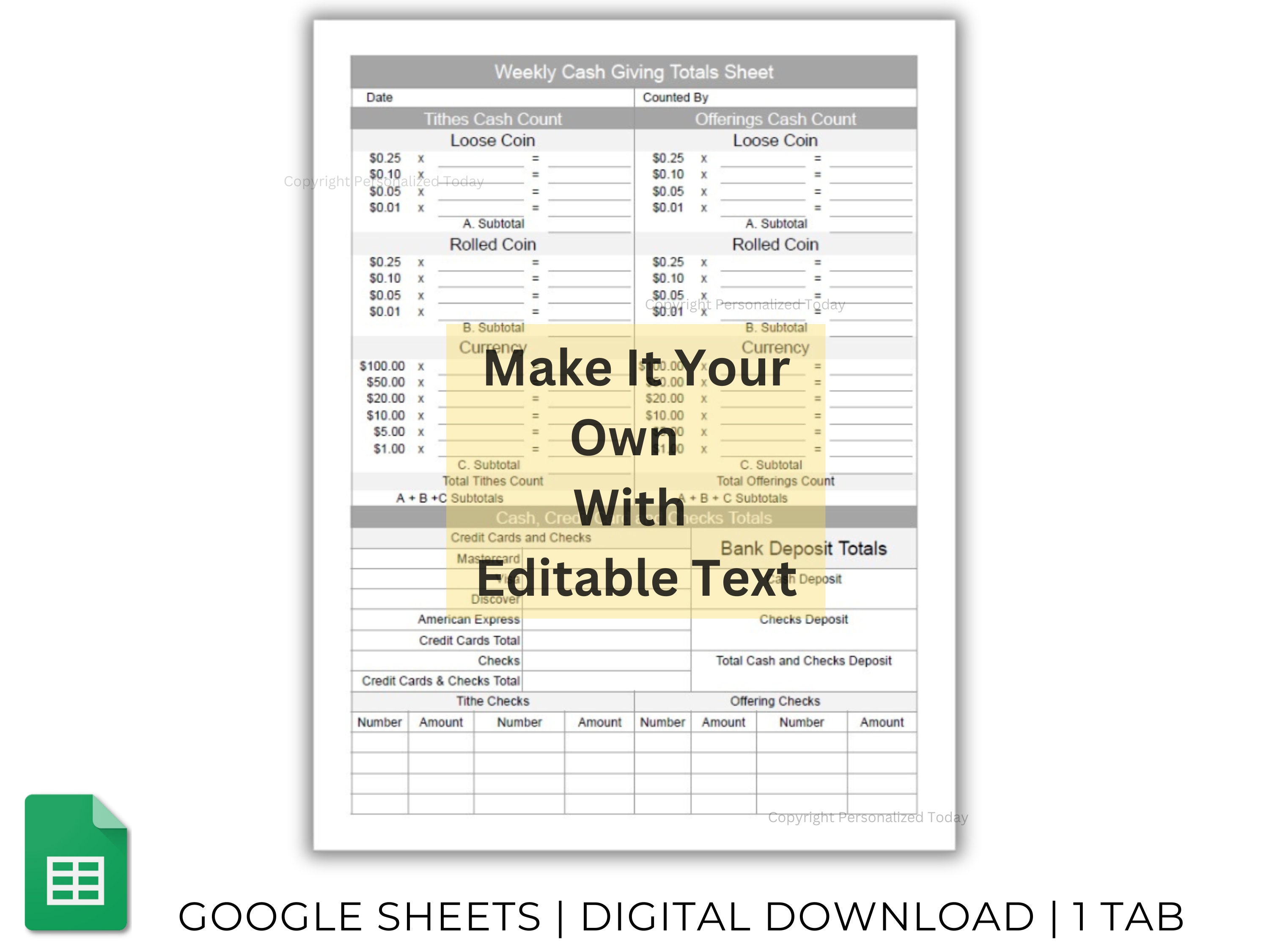 Church Offering Counting Form Weekly Charitable Giving Totals Report ...
