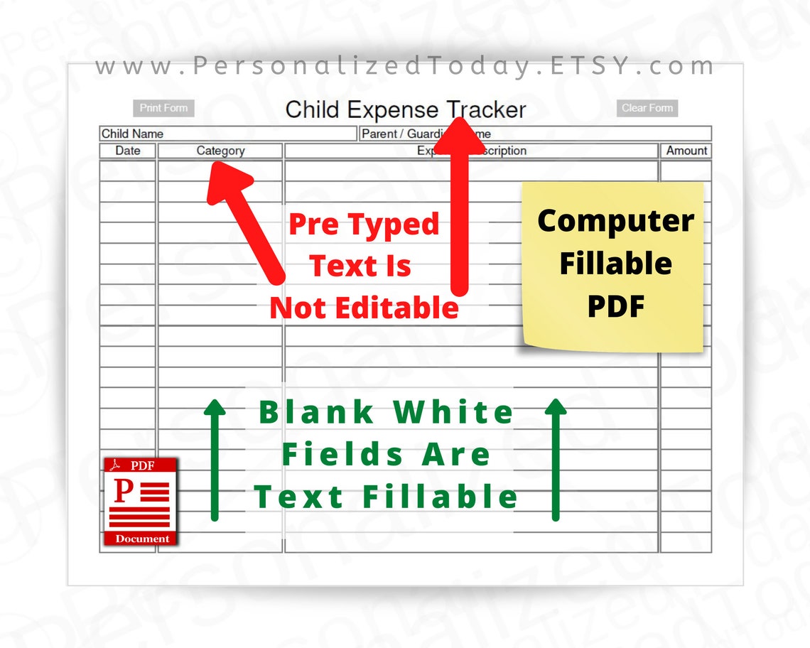 Child Expenses Tracker Fillable and Print and Write PDF Files | Etsy