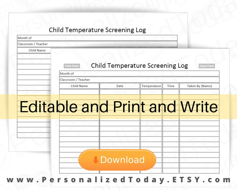 Monthly Child Temperature Screening Log Printable Editable PDF | Etsy