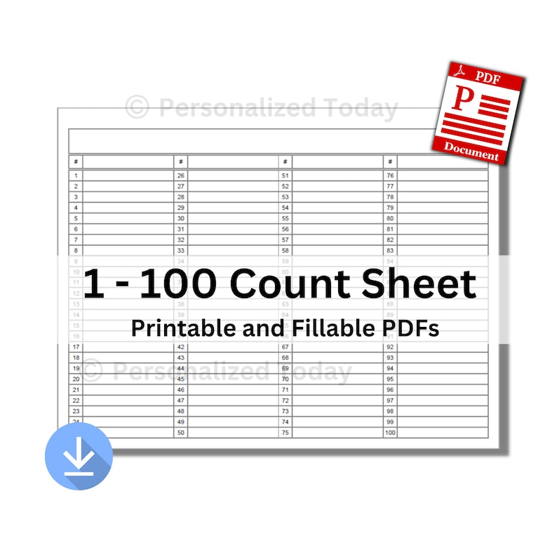 PDF 1 100 Count List Printable Only Printable and Fillable Digital ...