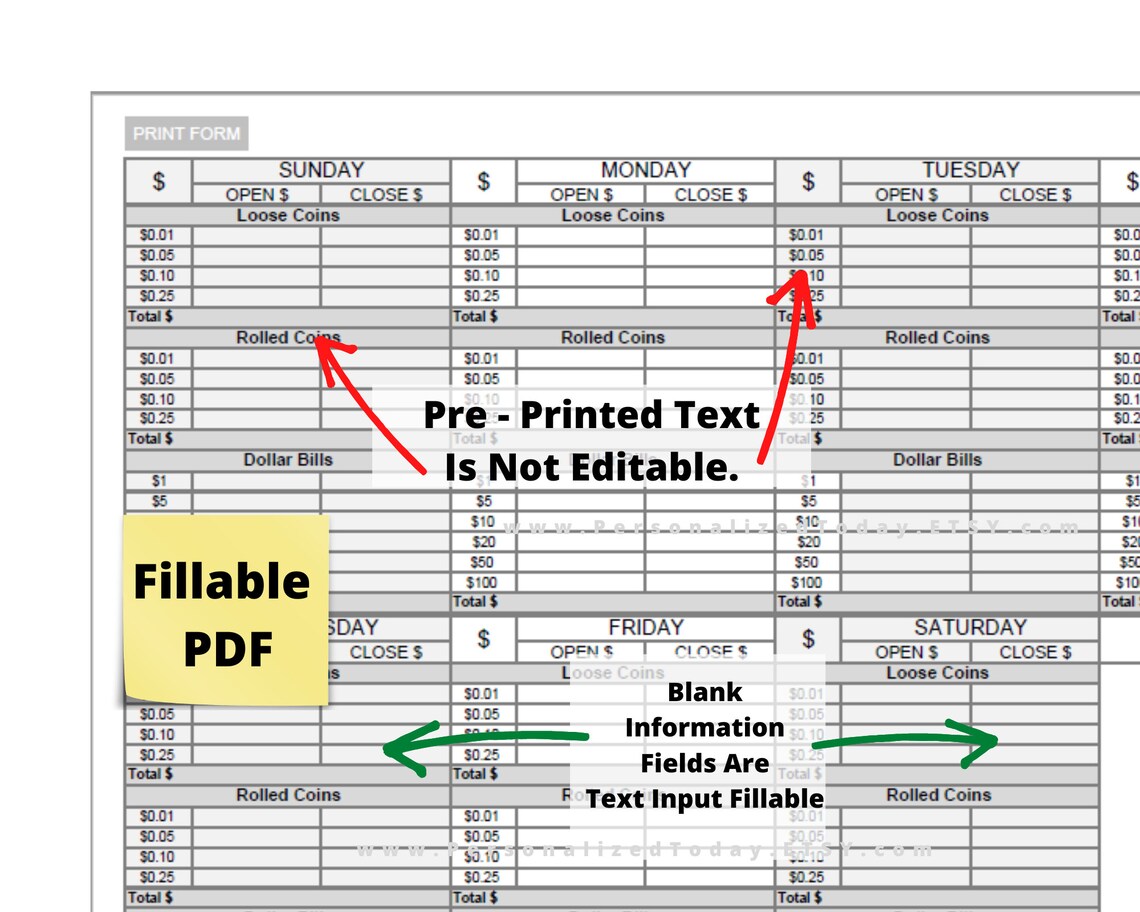 Printable Starting Cash Count Sheet Fillable and Print and Write PDF ...