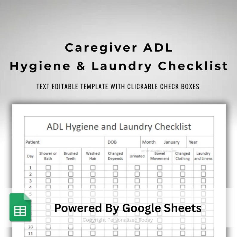 ADL Hygiene & Laundry Checklist for Google Sheets - 12-month Caregiver ...