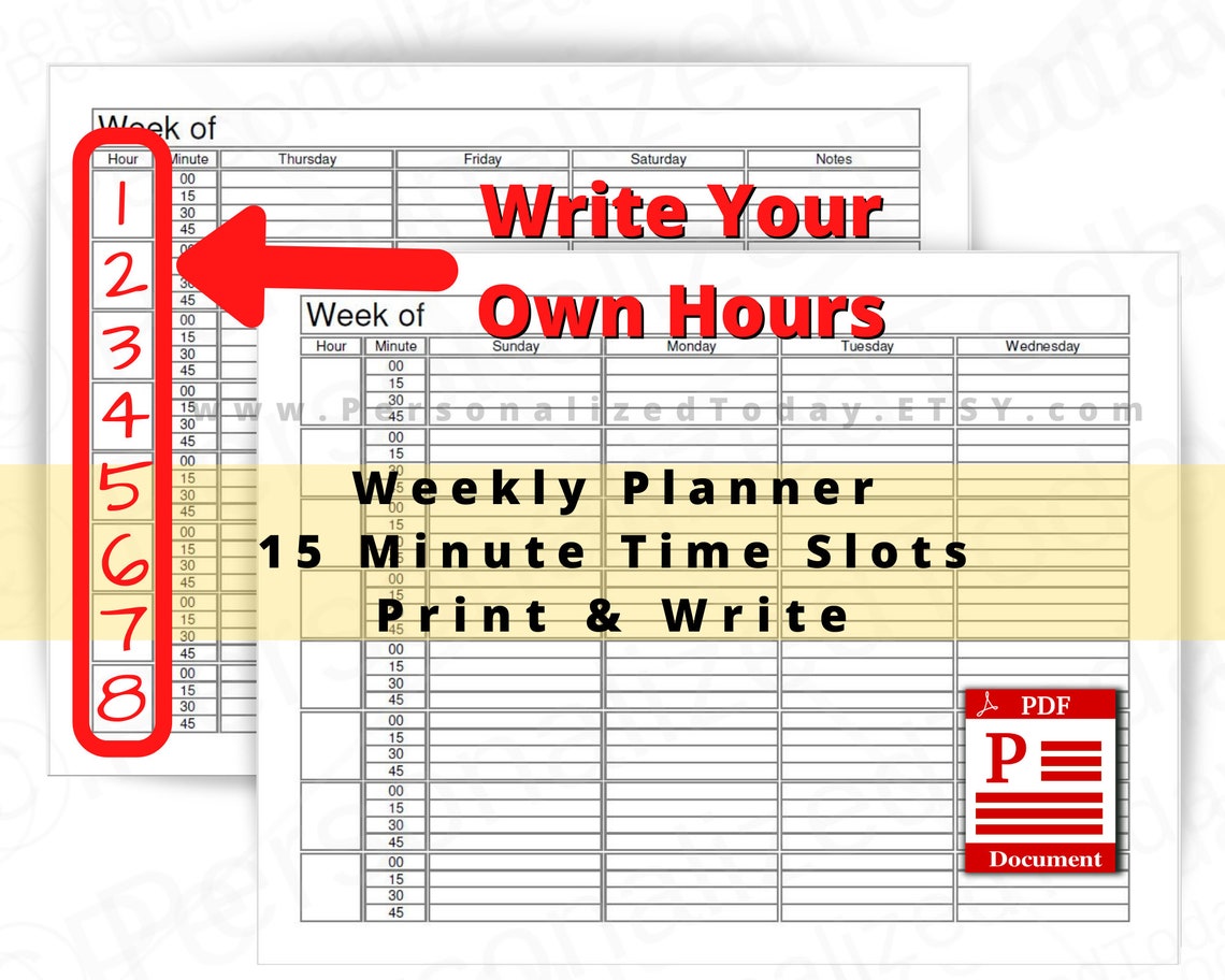 Weekly 15 Minute Time Increment Planner Fillable and Print and - Etsy