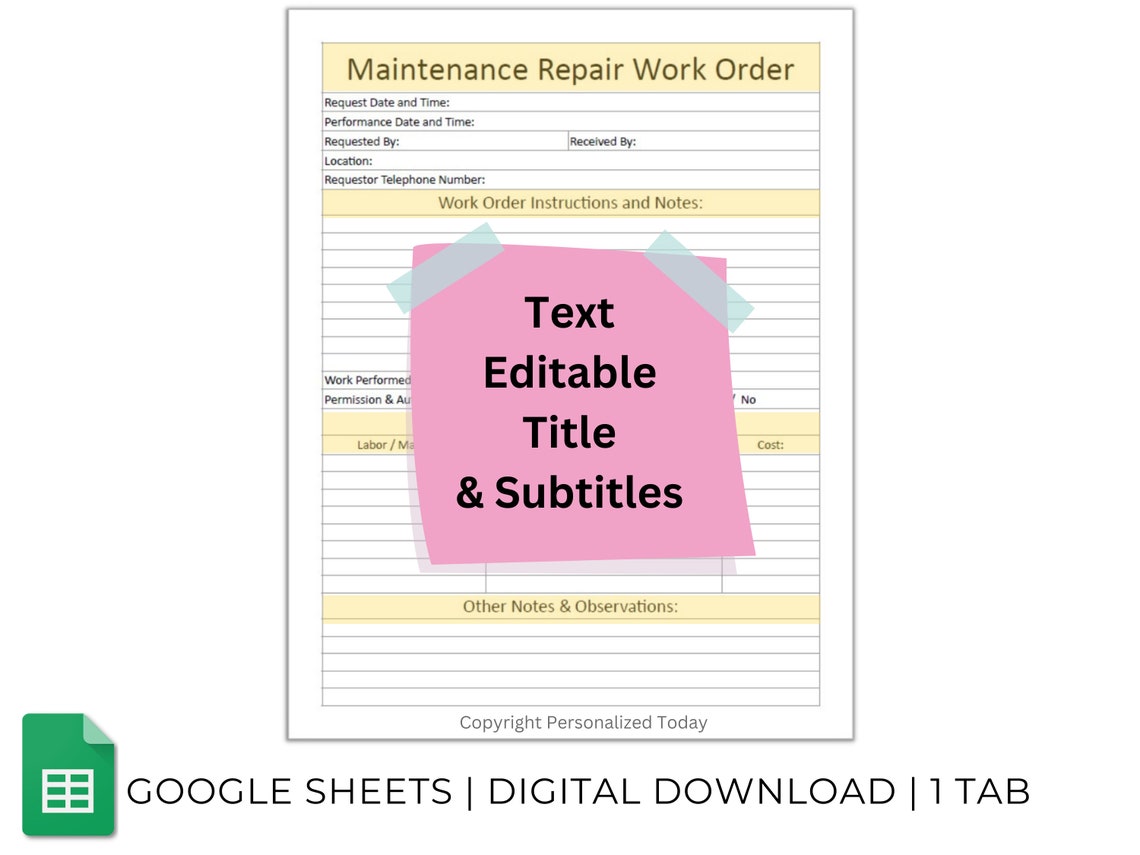 Maintenance Repair Work Order Template Property Upkeep Service and ...