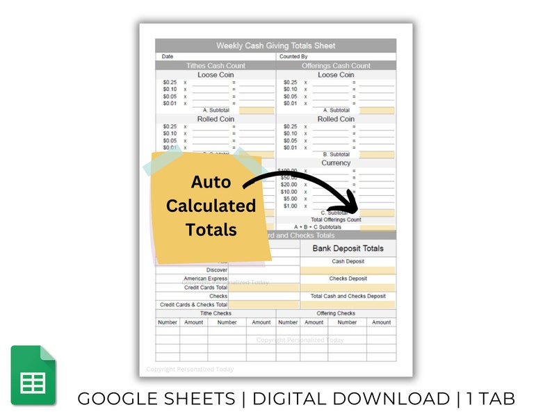 Church Offering Counting Form Weekly Charitable Giving Totals Report ...