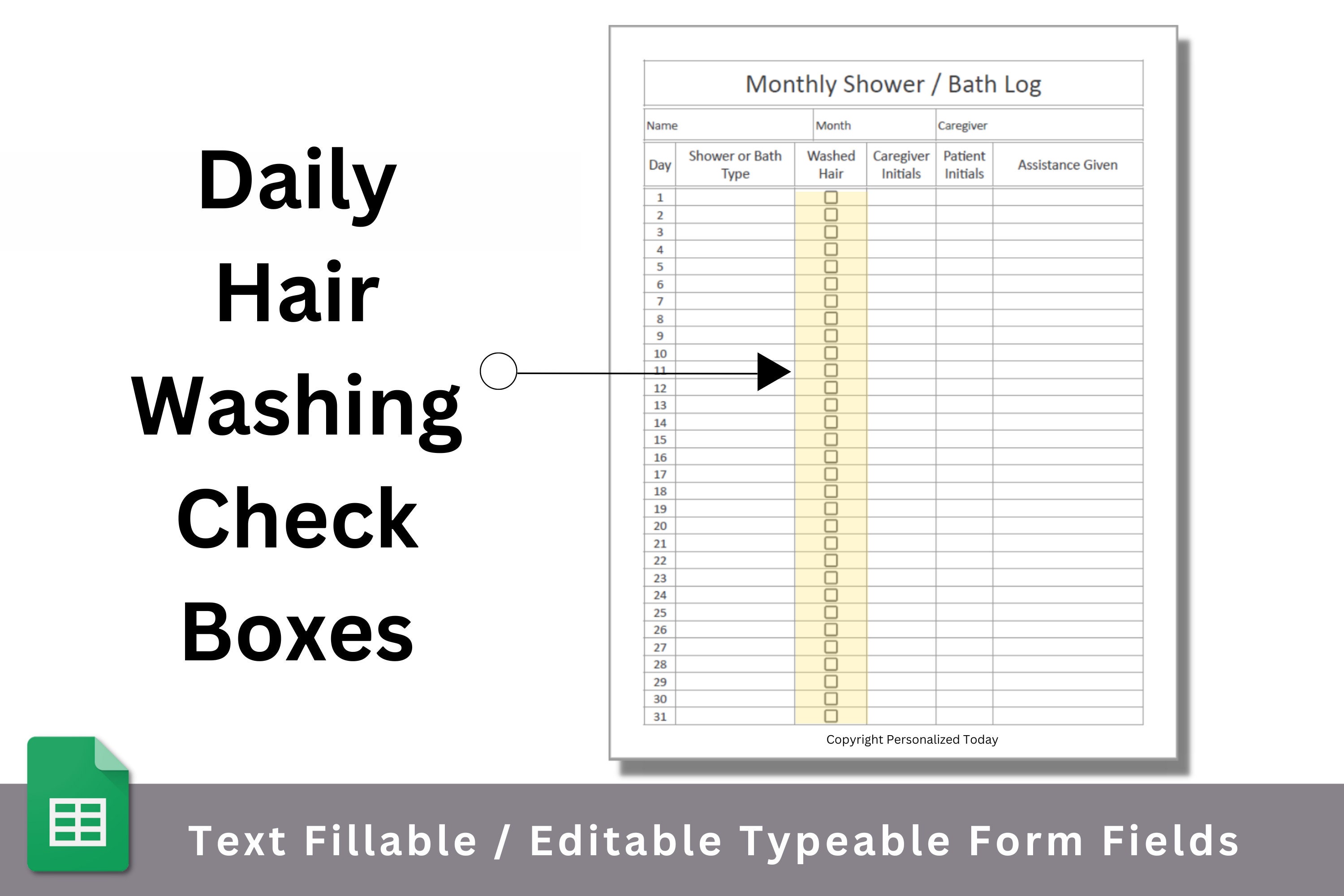 Assisted Living Monthly Shower / Bath Log Google Sheets Text Editable ...