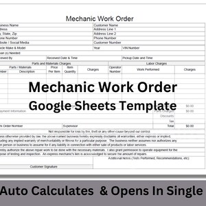 Mechanic Work Order Automotive Invoice Google Sheets Editable ...