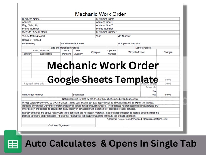 Mechanic Work Order Automotive Invoice Google Sheets Editable ...
