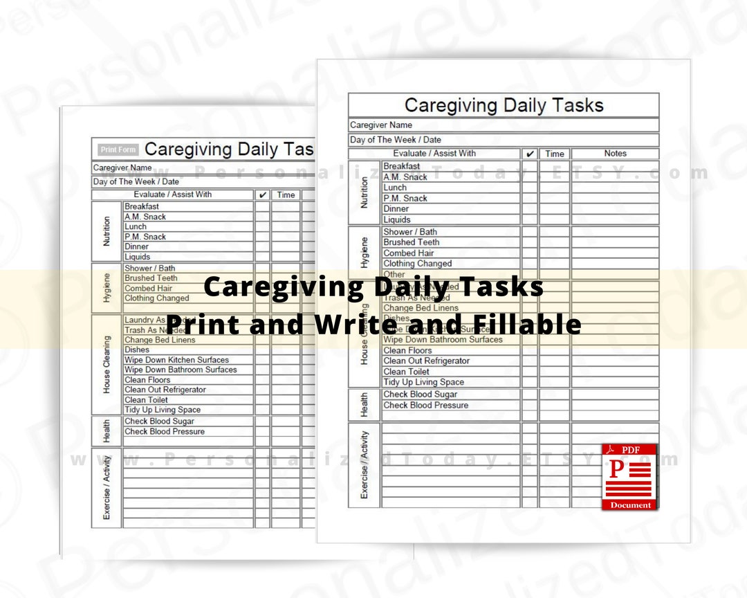 Caregiving Daily Tasks ADL Log Printable and Fillable PDF - Etsy