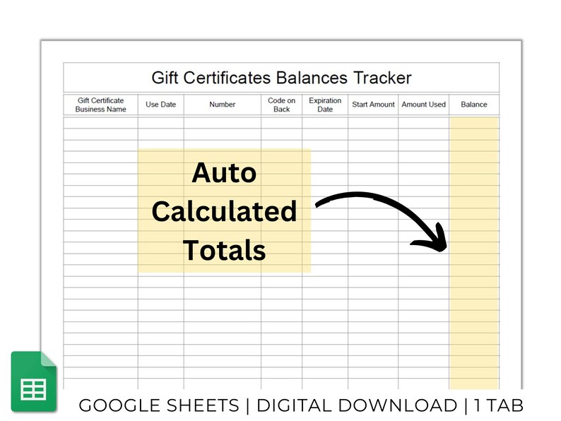 Gift Certificate Balances Tracker Text Editable Google Sheets Template ...