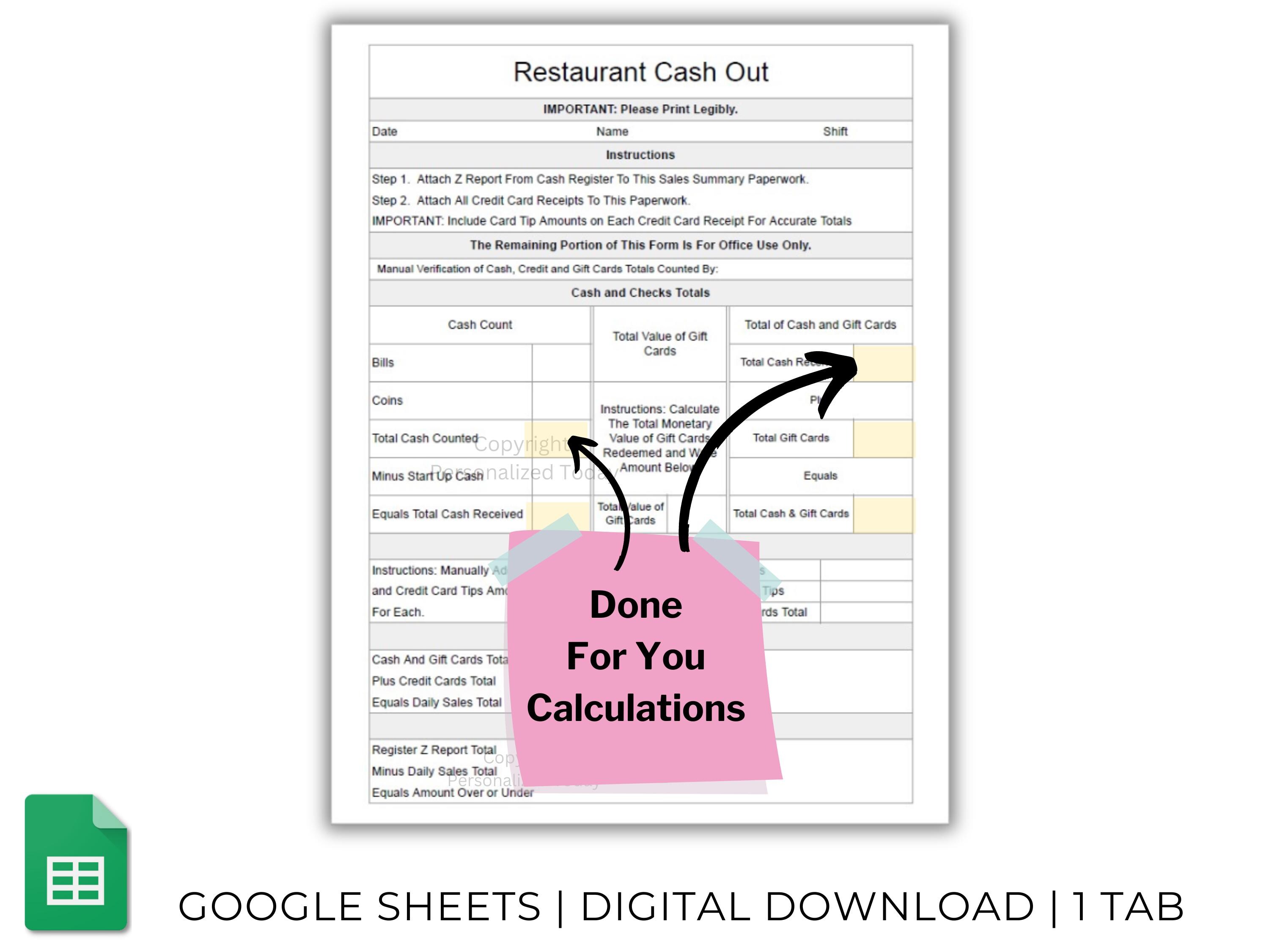 Restaurant End of Day Cash Out Template - Restaurant Register Cash Out ...