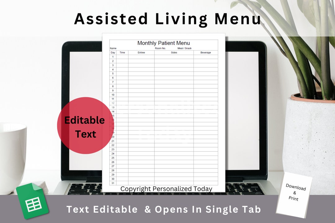 Resident Meal Plan Assisted Living Monthly Menu List for One Person ...