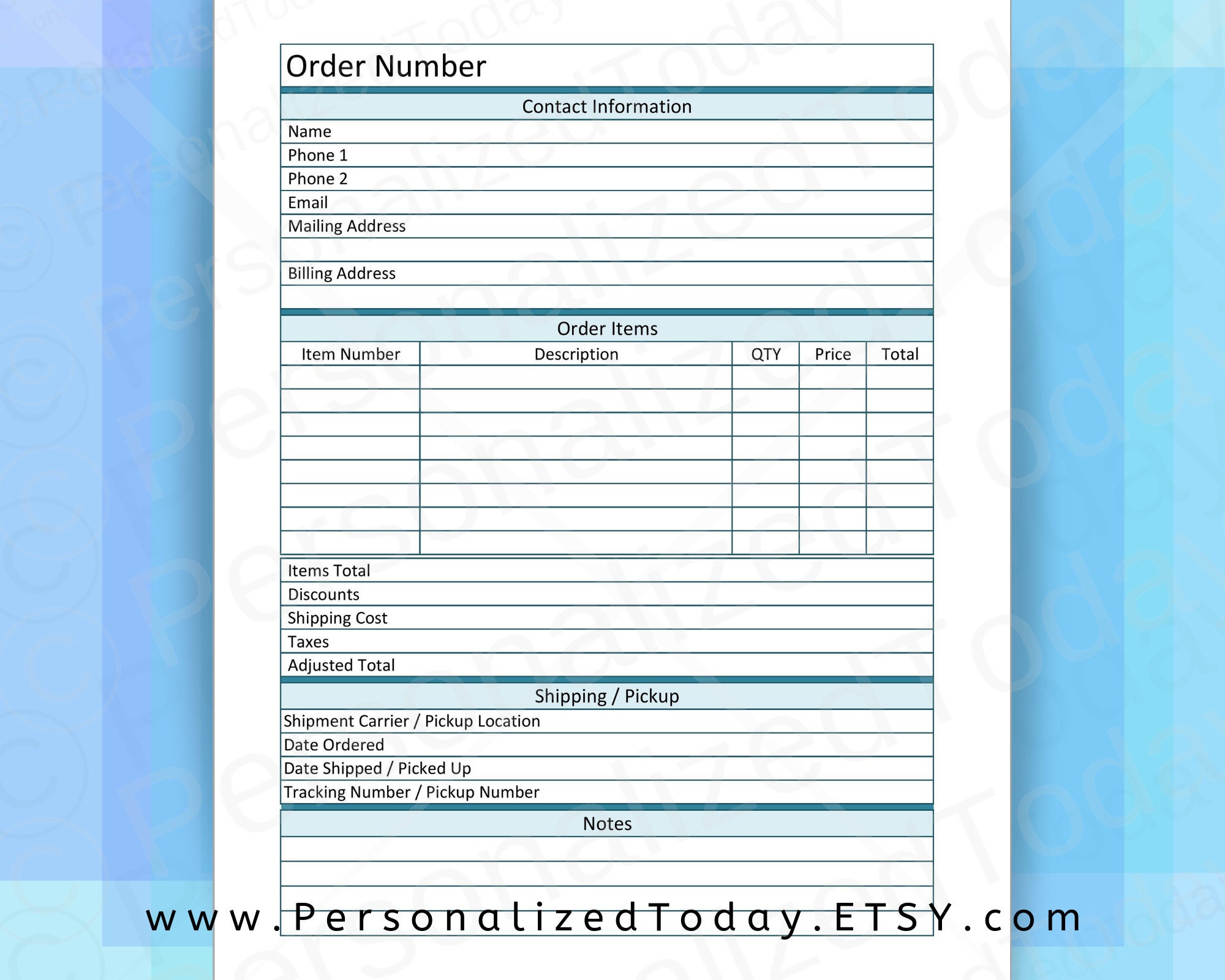 Customer Order Detail Form Printable Instant Digital Download | Etsy