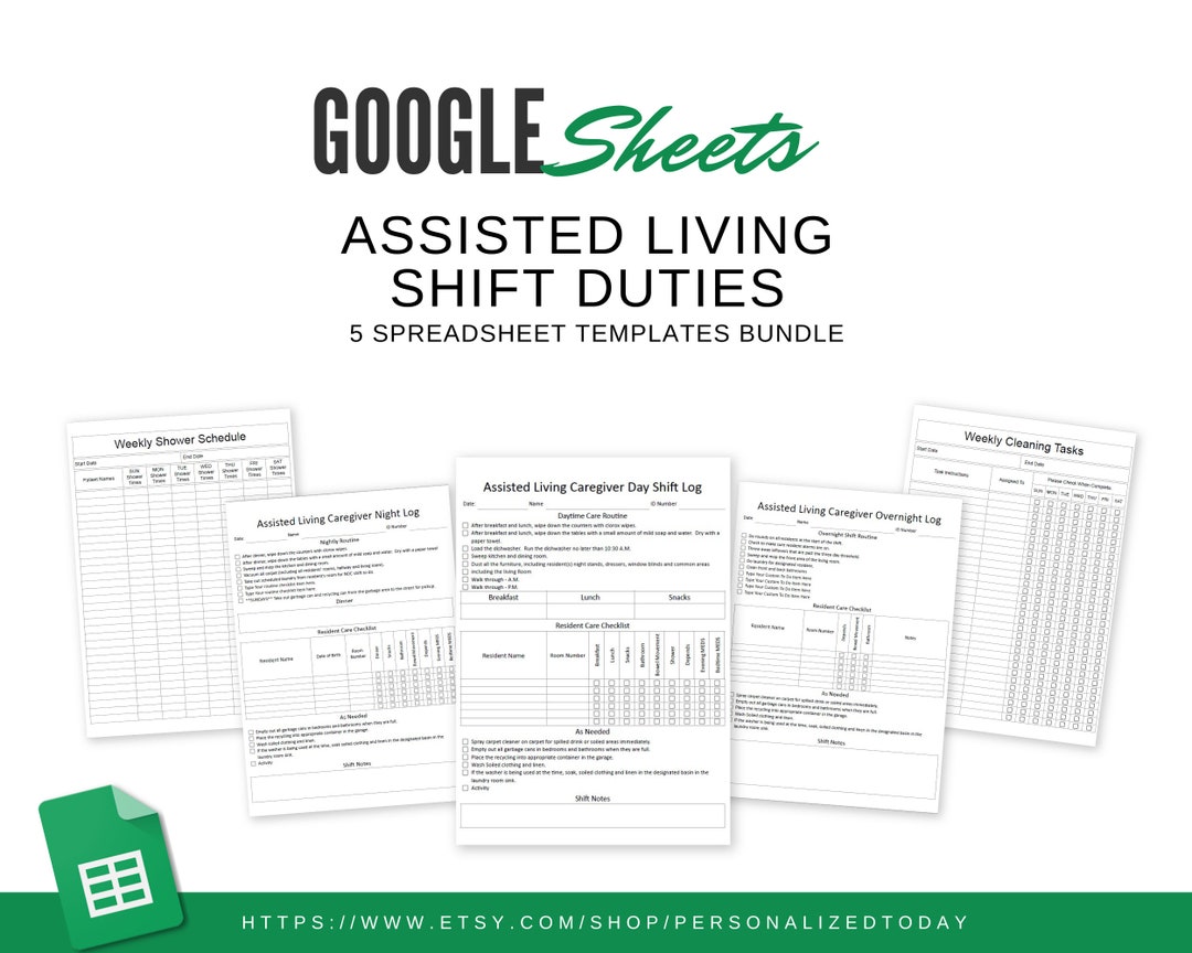 Text Editable Assisted Living Shift Duties Bundle 5 Google Sheets ...