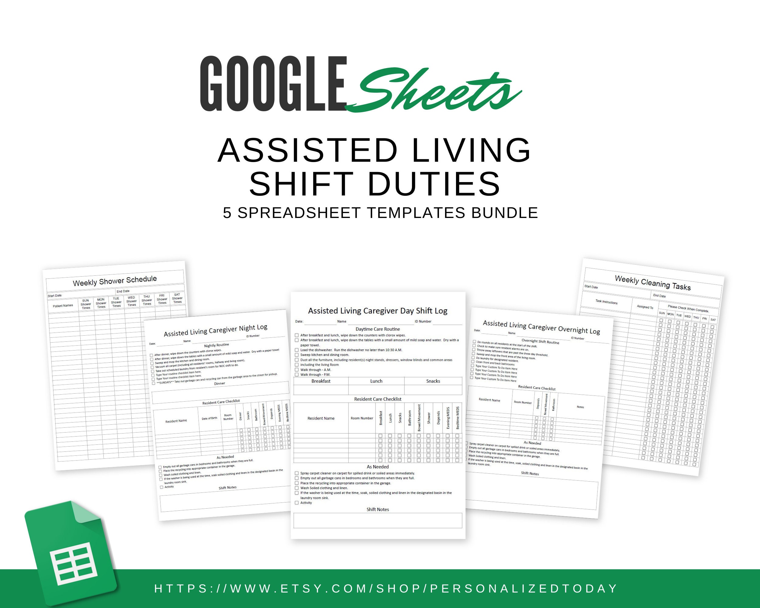 Text Editable Assisted Living Shift Duties Bundle 5 Google Sheets ...