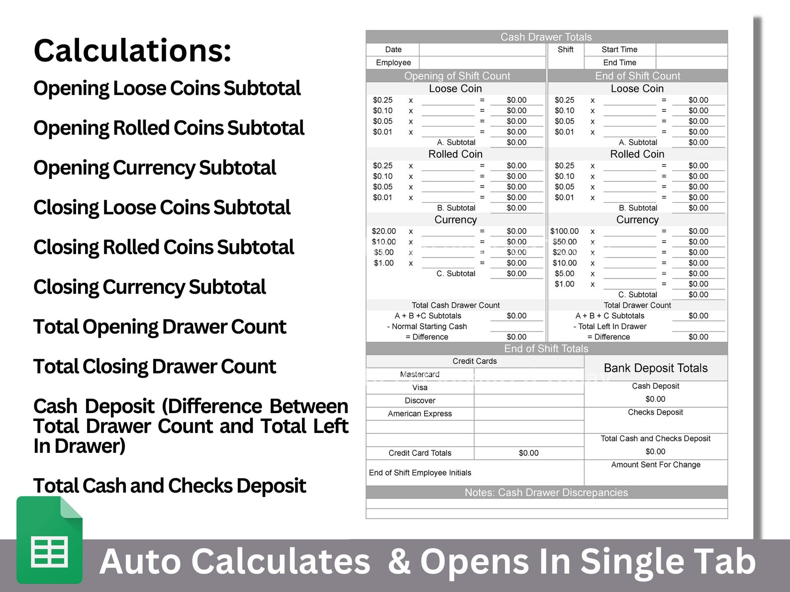 Cash Register Count Single Shift Google Sheets Editable Spreadsheet ...