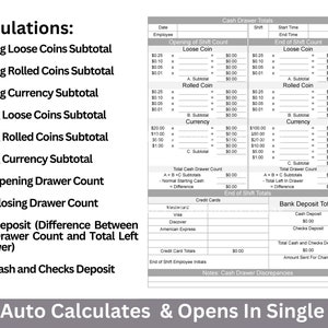Cash Register Count Single Shift Google Sheets Editable Spreadsheet ...