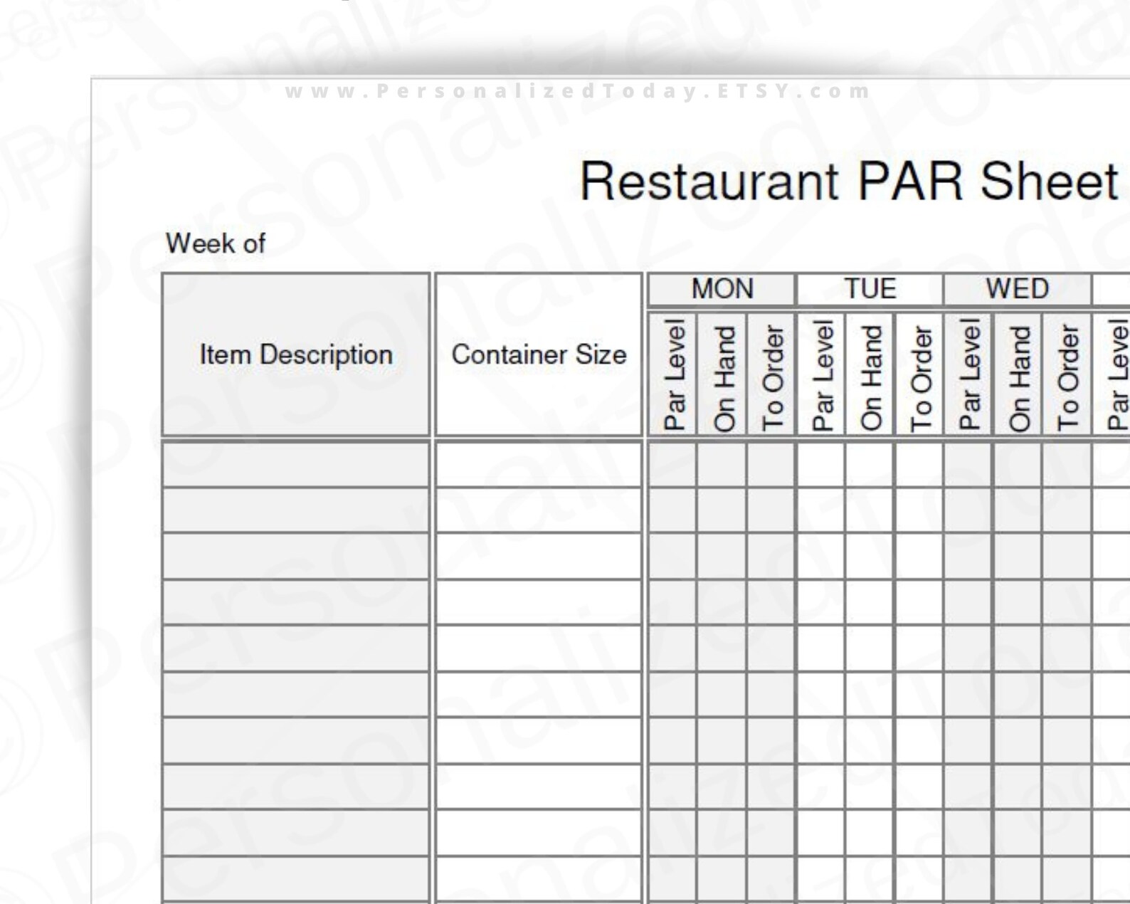 Restaurant PAR Sheet Fillable Editable And Print And Write PDF Etsy